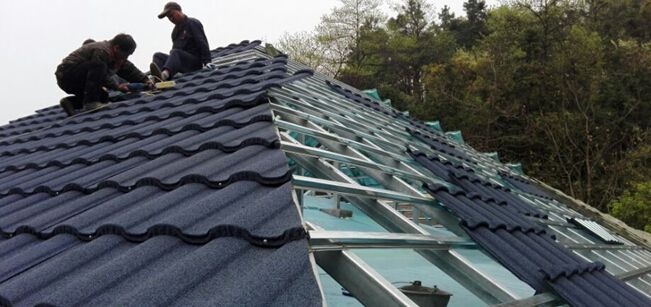 彩石金属瓦青海施工现场，多少钱一平？ 工程案例 彩石瓦彩石金属瓦 山东特晟金属屋面建材有限公司 Powered By Aspcms V2 0572